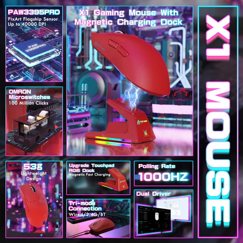 ATTACK SHARK X1 Tri-mode Gaming Mouse With Touchpad RGB Charging Dock ...